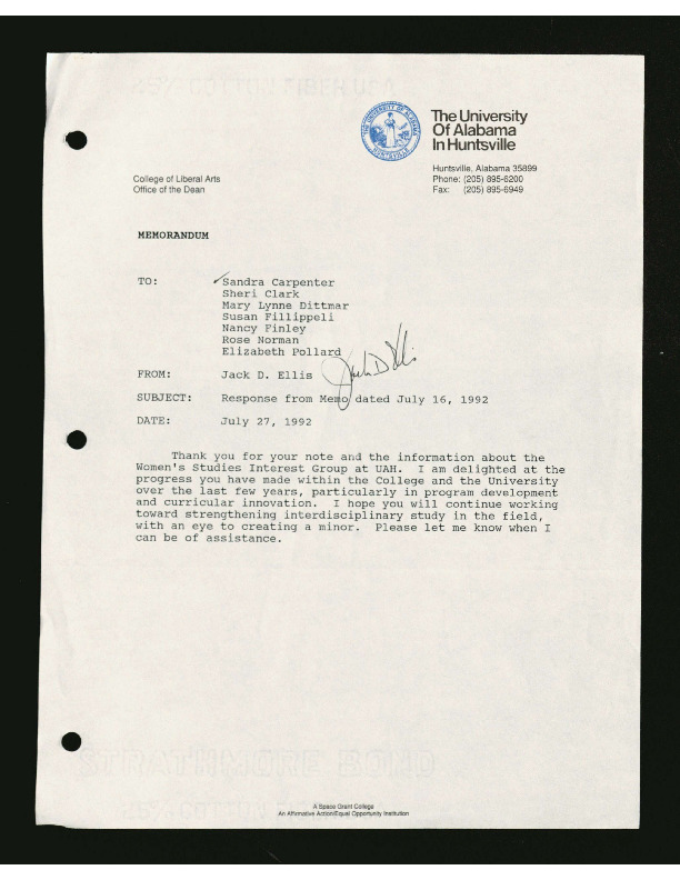 "Response from Memo dated July 16, 1992" | UAH Archives, Special ...